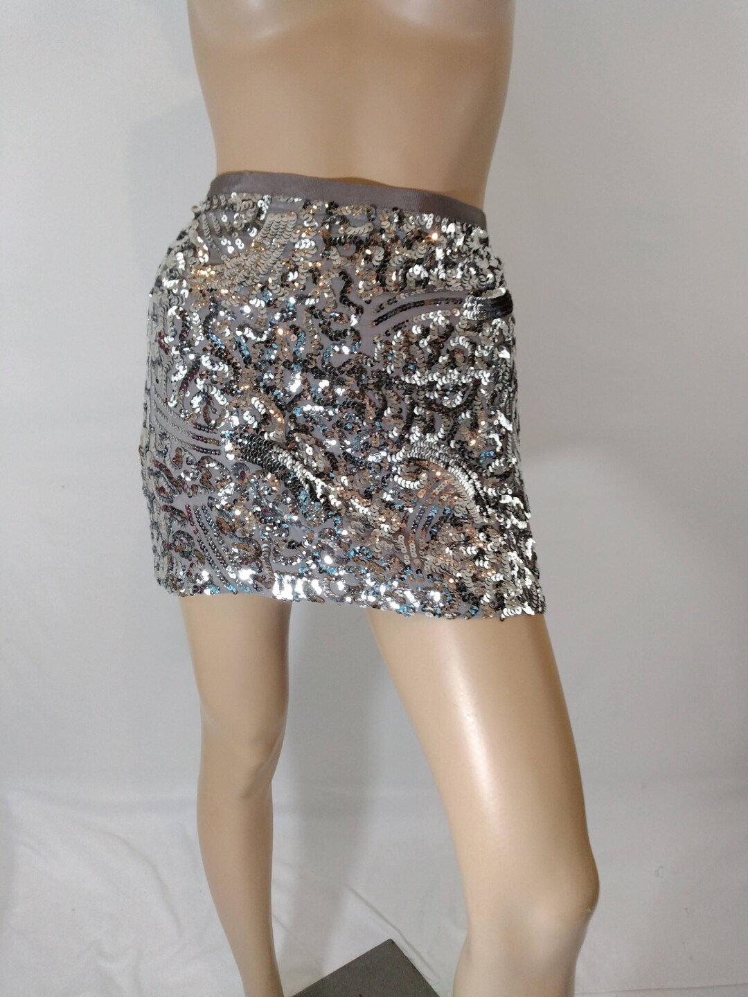 Silver Sequin Skirt Women's Disco Mini Skirt Sequins Grey Fabric ...