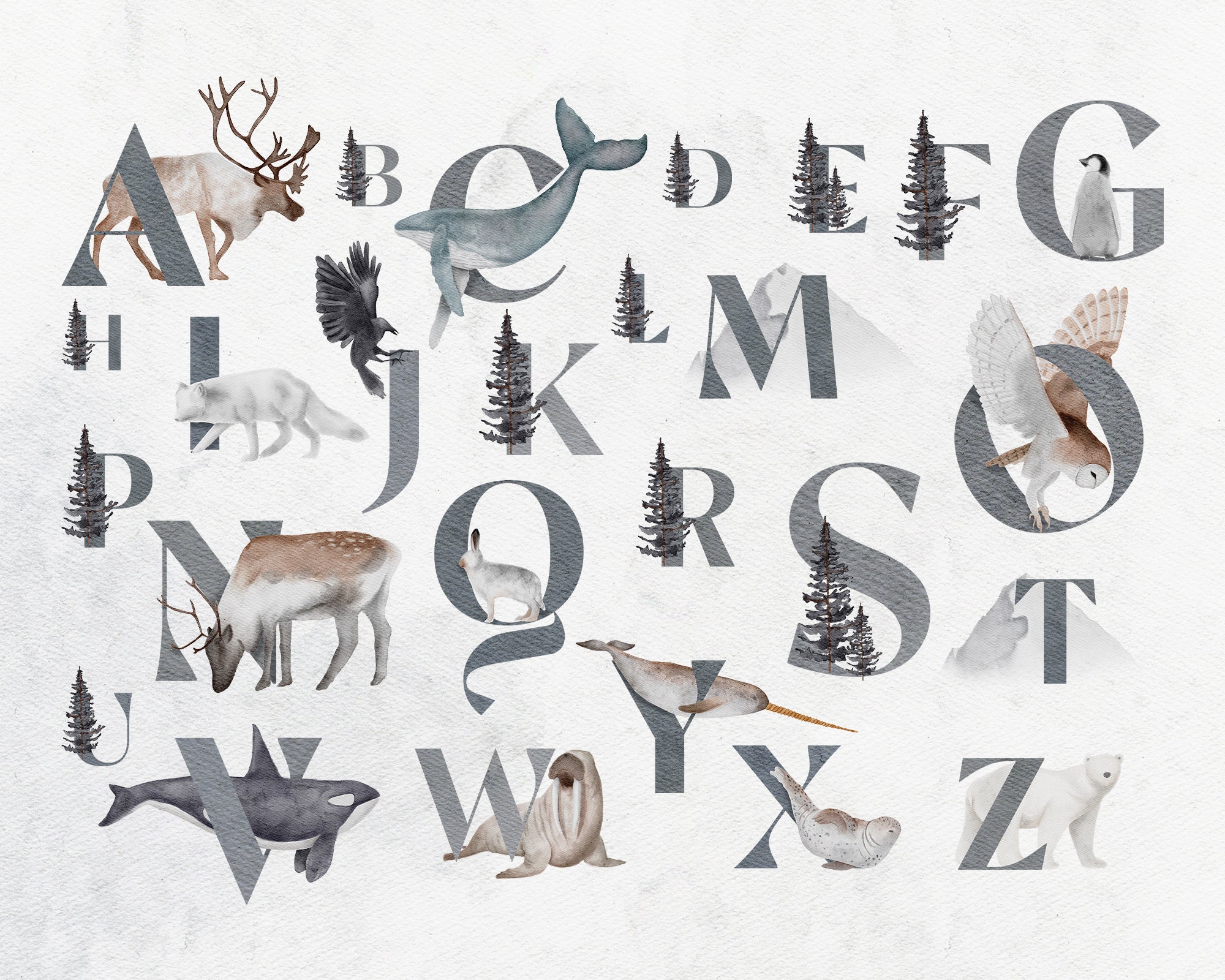 Watercolor Winter Alphabet. Arctic animals. Forest | Etsy