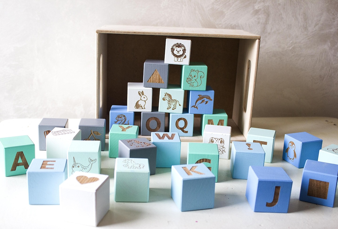 30 Wooden ABC Blocks With Animal Pictures, Baby Shower & First Birthday ...