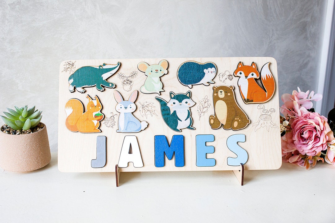 Woodland Animals Puzzle, Personalized Baby Name Gift, Montessori Busy ...