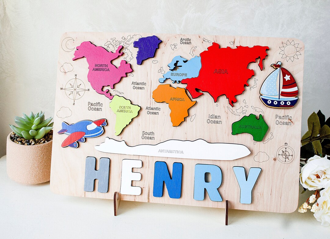 World Map Baby Name Puzzle, Birthday Gift Children Toy, Personalized ...