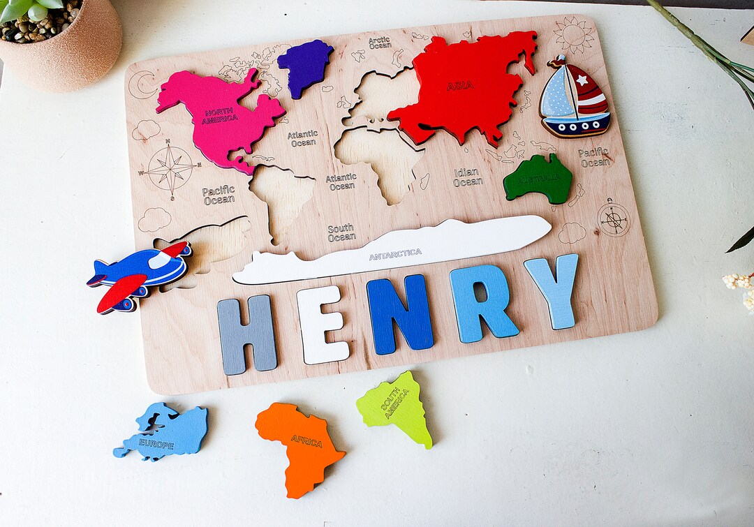 Personalized Name Puzzle With Pegs World Map Puzzle Birthday Baby Gift ...