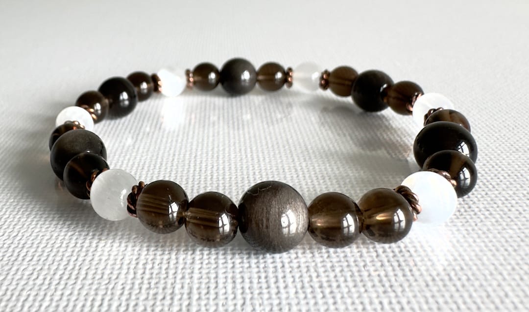 Grief & Loss Bracelet, Apache Tears Beaded Bracelet, Smoky Quartz ...