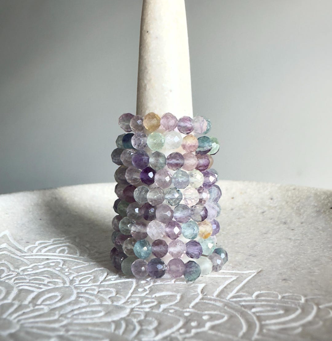 Dainty Fluorite Beaded Stretch Ring, Handmade Gemstone Bead Elastic ...