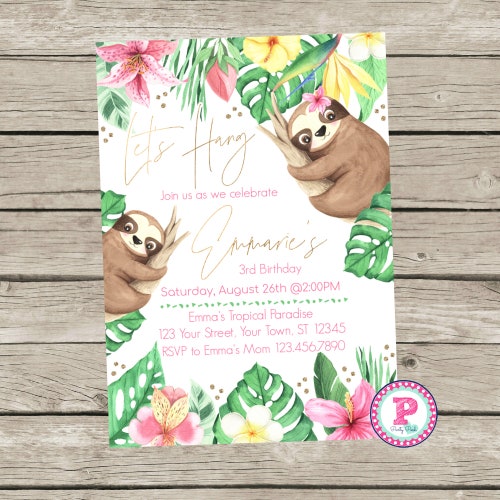 Editable Sloth Invitation Let's Hang Out Sloth Birthday - Etsy