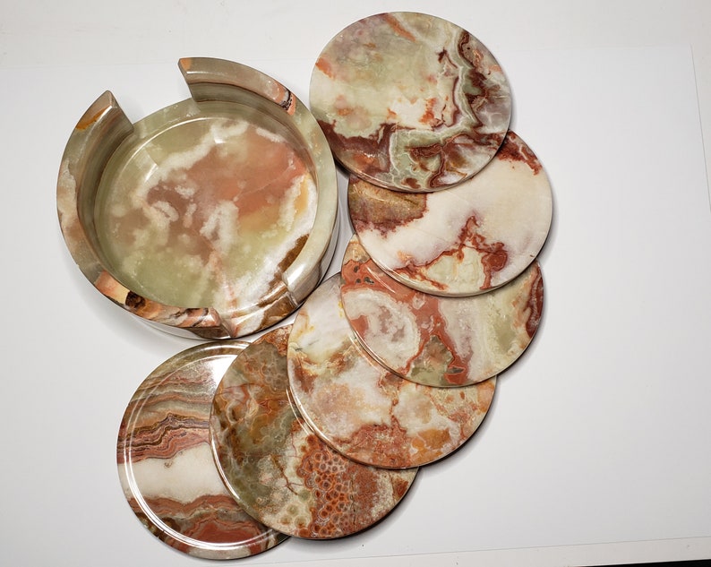 4" Round Banded Onyx Drink Coasters - Set of 6 With Holder - Etsy