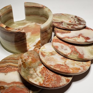 4" Round Banded Onyx Drink Coasters - Set of 6 With Holder - Etsy