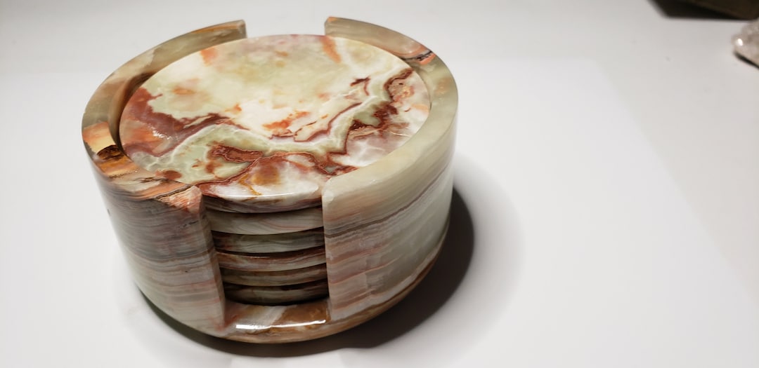 4" Round Banded Onyx Drink Coasters - Set of 6 With Holder - Etsy