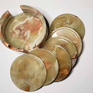 4" Round Banded Onyx Drink Coasters - Set of 6 With Holder - Etsy