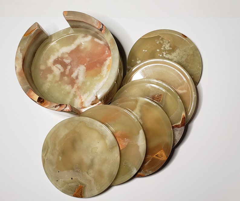 4" Round Banded Onyx Drink Coasters - Set of 6 With Holder - Etsy