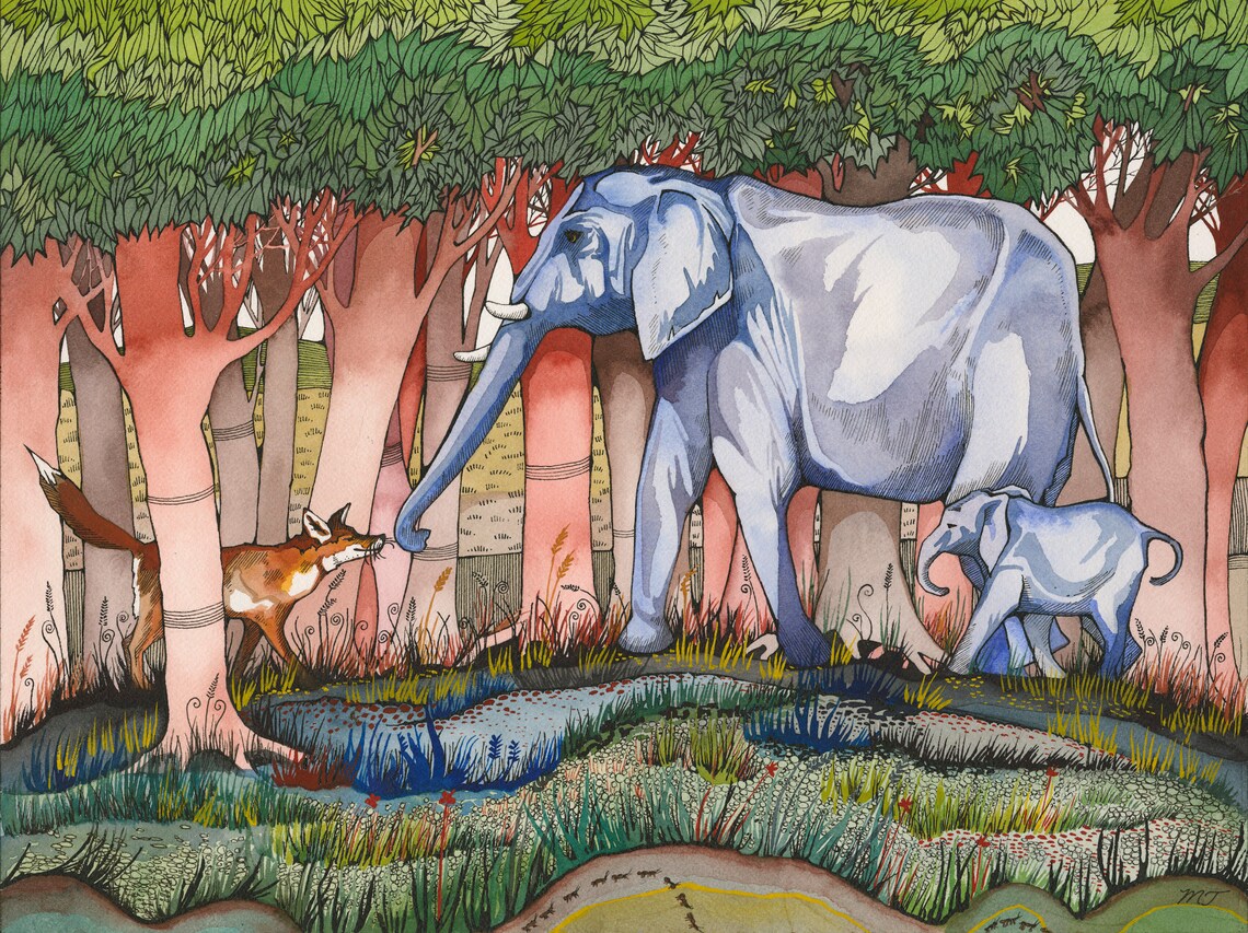 The Meeting Elephant and fox landscape children's | Etsy