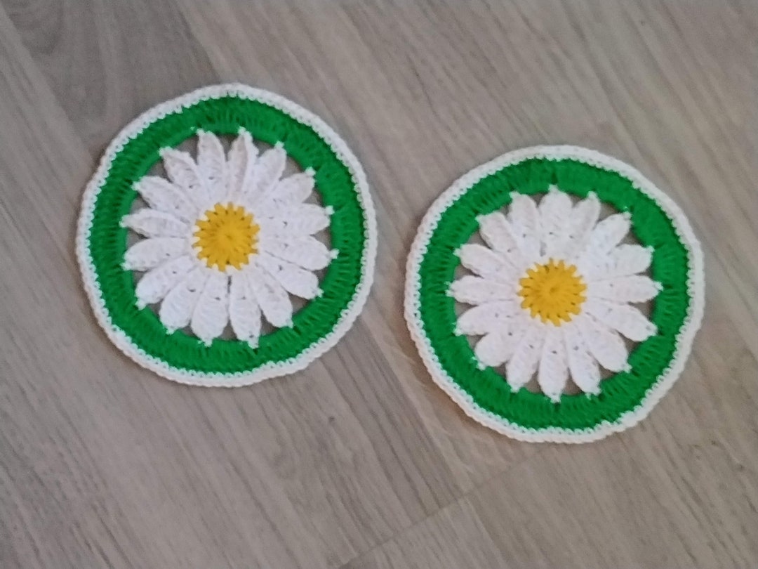 2 Mandala Crocheted Glass Coaster Daisies, Cottage Core Decor, Table ...