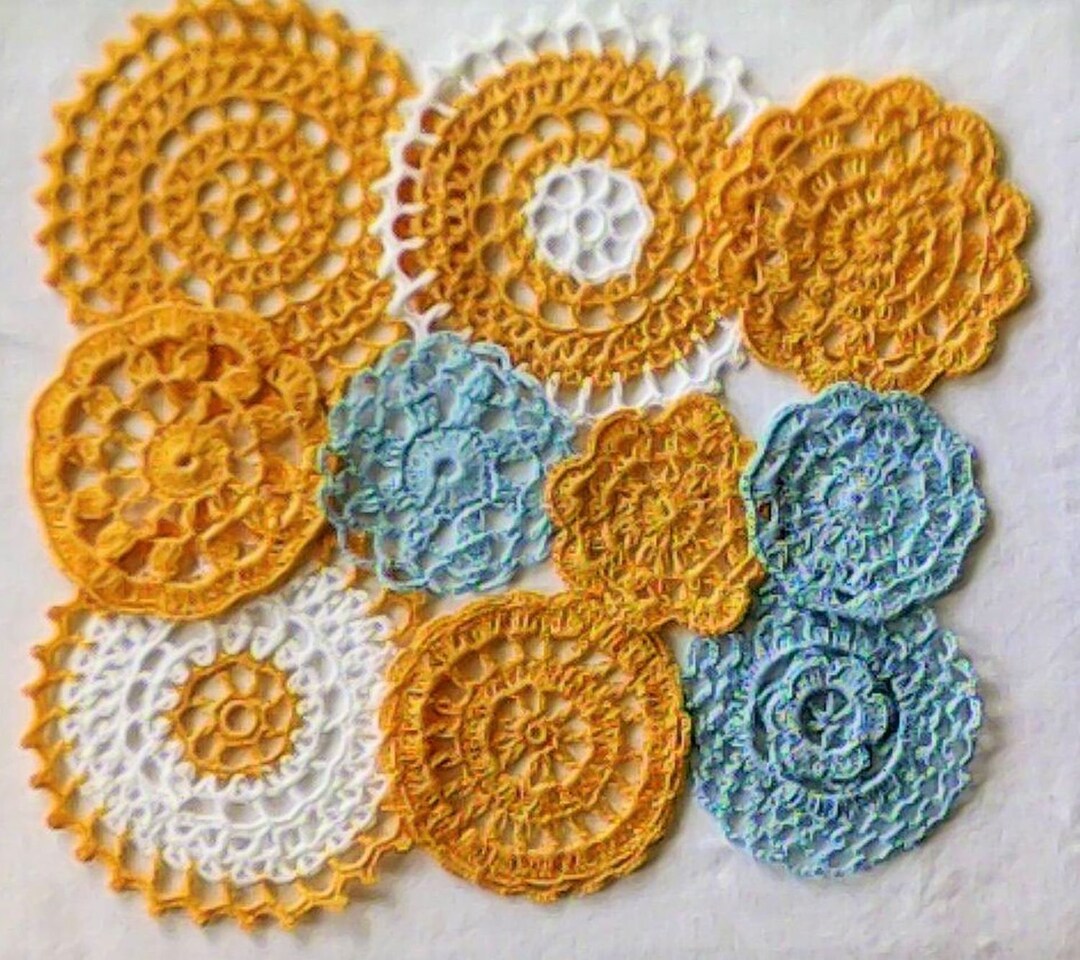 Yellow, Blue and White Crochet Medallions 10 Hand Crocheted Small Mats ...