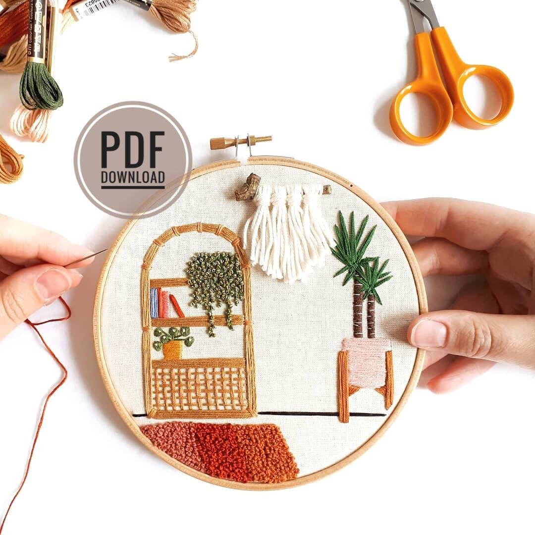 Bamboo Shelf & Yucca Plant | Embroidery Pattern PDF, Modern Embroidery ...