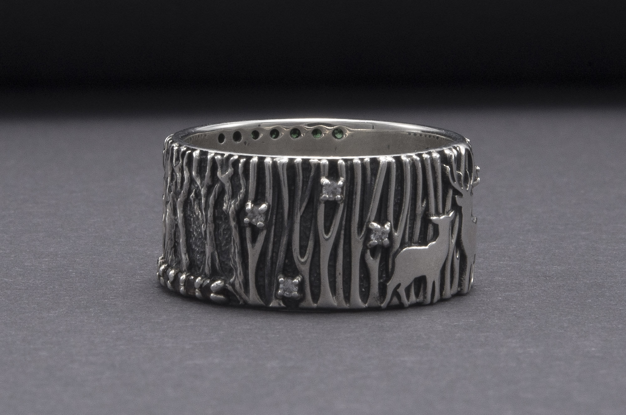 Silver Deer Ring - Wildlife Inspired Band With Tree Bark Texture Design ...