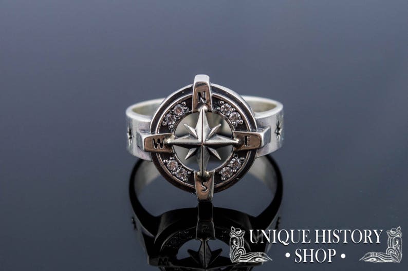 Compass Ring With Cubic Zirconia, Handcrafted 925 Silver Sailor's Ring ...