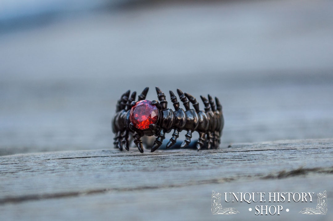 Black Bones Ring - Ruthenium Plated Spine Jewelry With Red Cubic ...