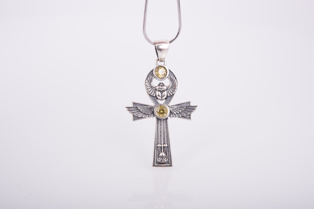 Silver Ankh Pendant - Egyptian Jewelry Featuring Scarab and Feathers ...