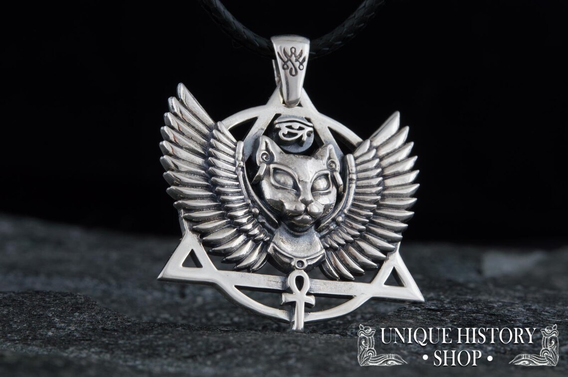 Egyptian Bastet Goddess Pendant Silver Pyramid and Feathers - Etsy
