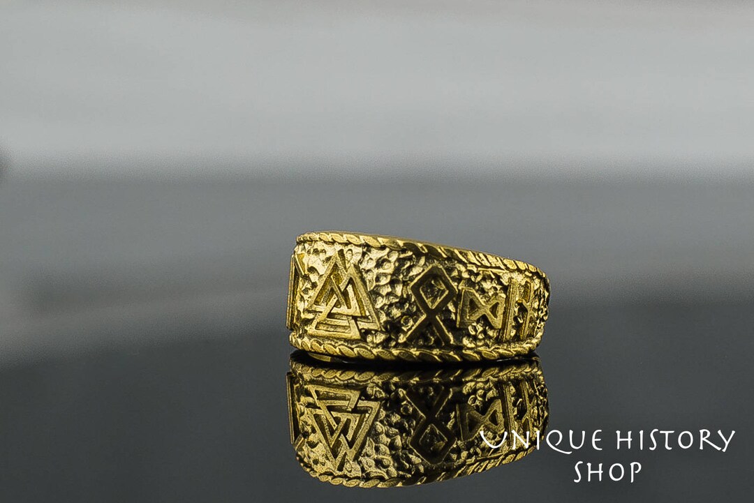 Gold Valknut Viking Ring - Norse Wedding Band With Hail Odin in Runes ...