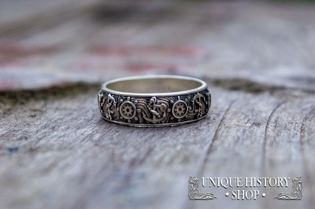 Silver Sailor Ring - Anchor and Ship Wheel Band in Nautical Style ...
