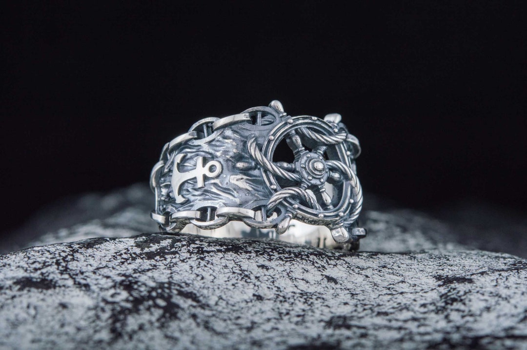 Sailor Ship Wheel Ring, Steering Wheel Ring, Ring With Chain, Anchor ...