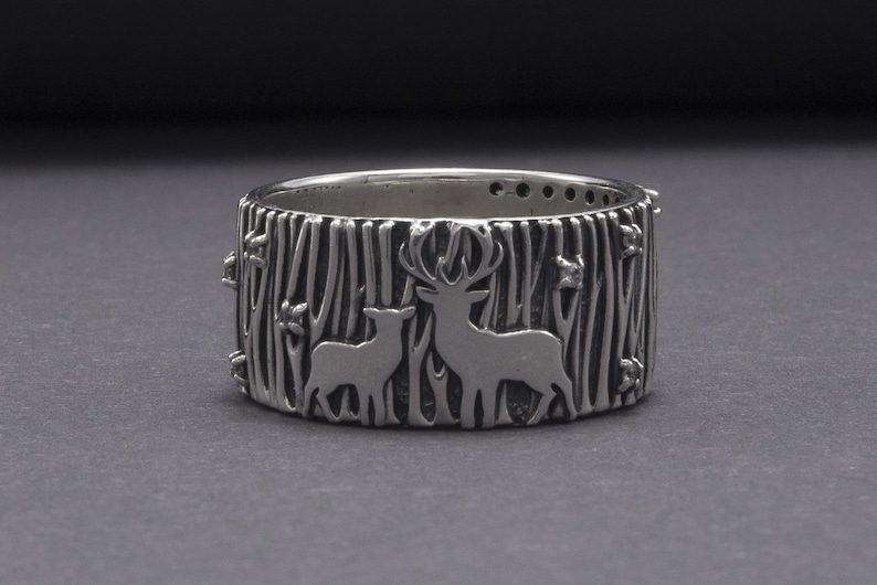 Silver Deer Ring - Wildlife Inspired Band With Tree Bark Texture Design ...