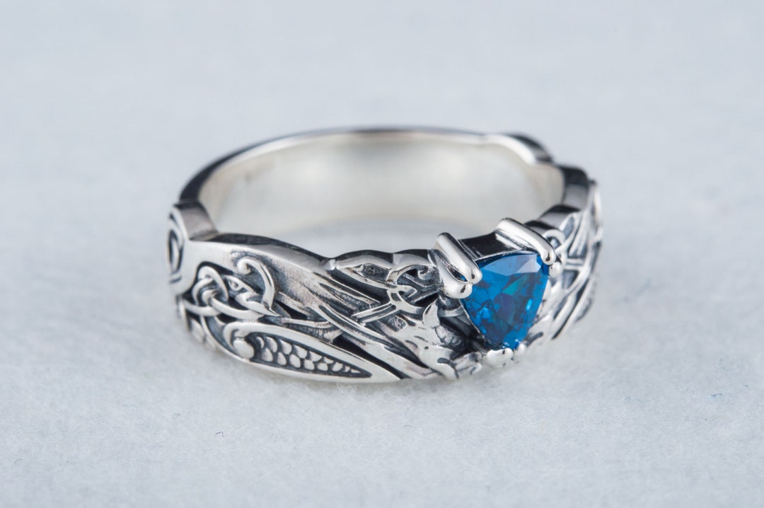 Silver Norse Ravens Ornament Ring With Blue Trillion Cut Gem, Viking ...