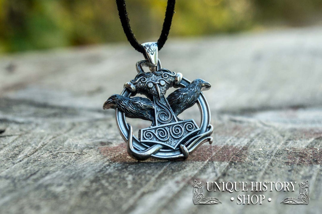 Silver Mjolnir Pendant Thor Hammer Necklace With Huginn and Muninn ...