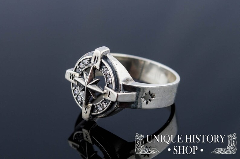 Compass Ring With Cubic Zirconia, Handcrafted 925 Silver Sailor's Ring ...