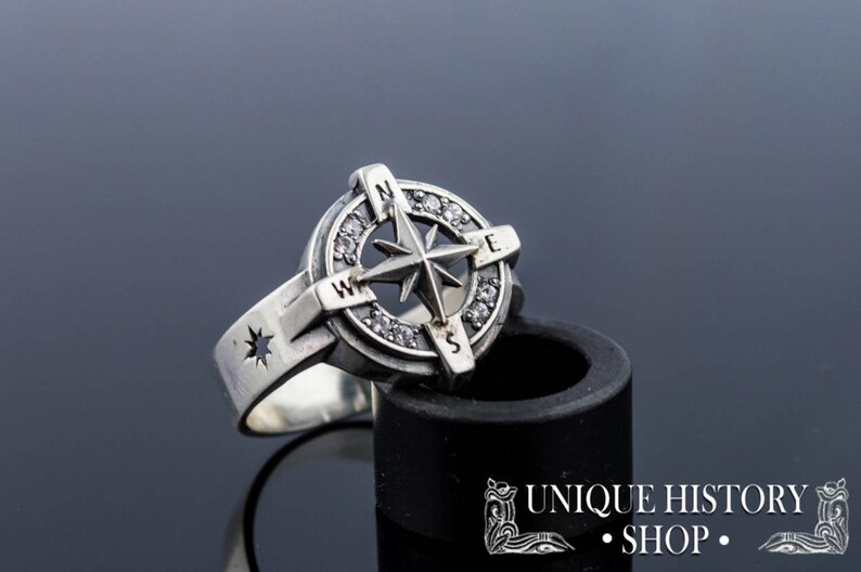 Compass Ring With Cubic Zirconia, Handcrafted 925 Silver Sailor's Ring ...