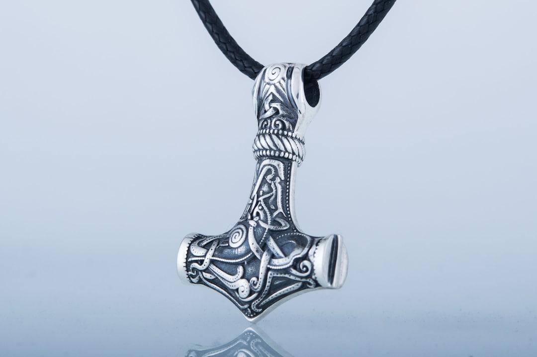 Silver Mjolnir Necklace - Thor Hammer Pendant Featuring Mammen Ornament ...