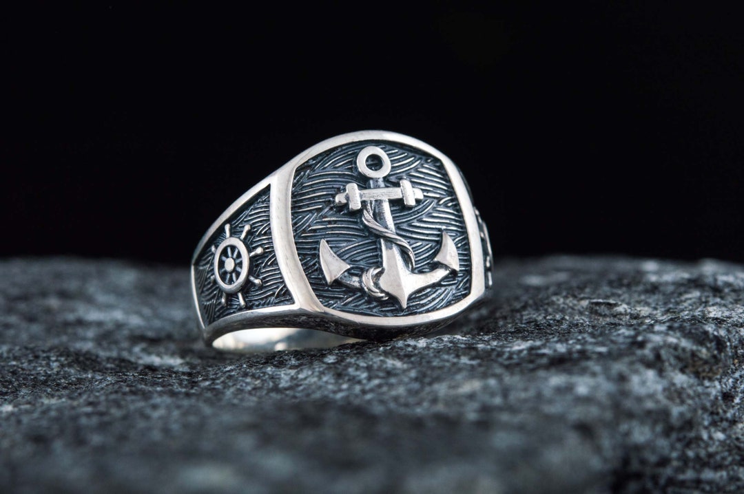 Anchor Signet Ring - Silver Nautical Jewelry With Ship Wheel Design ...