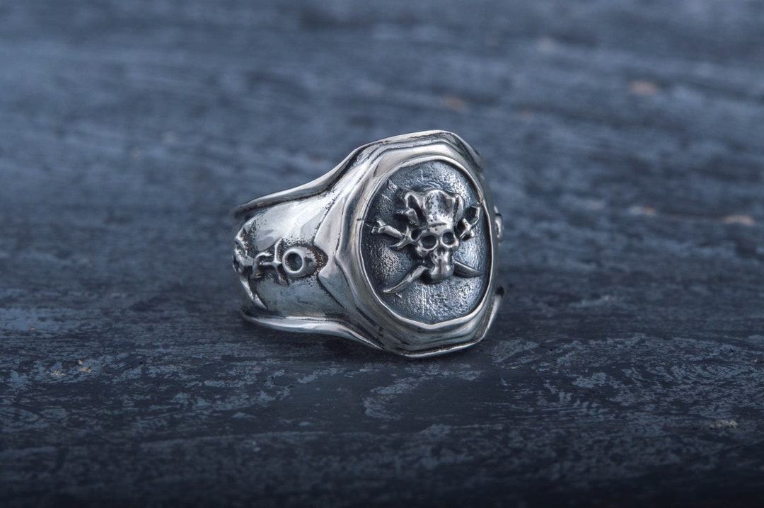 Silver Pirate Ring With Skull and Crossbones, Anchor Signet With Jolly ...