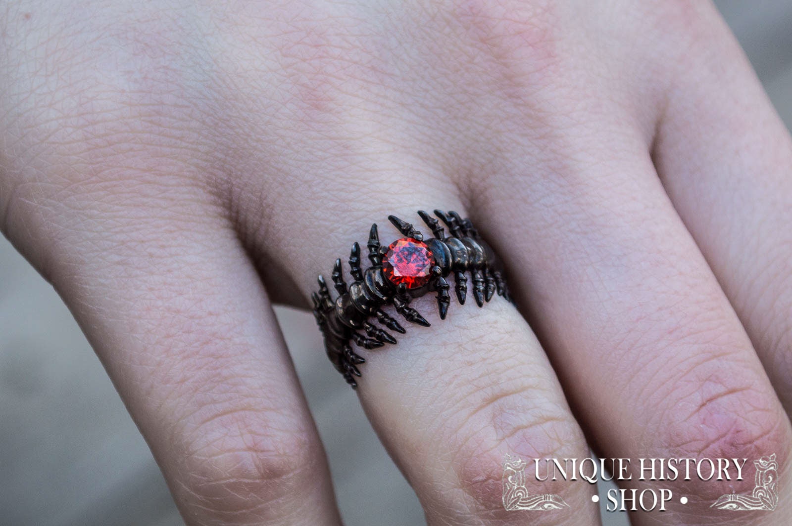 Black Bones Ring - Ruthenium Plated Spine Jewelry With Red Cubic ...