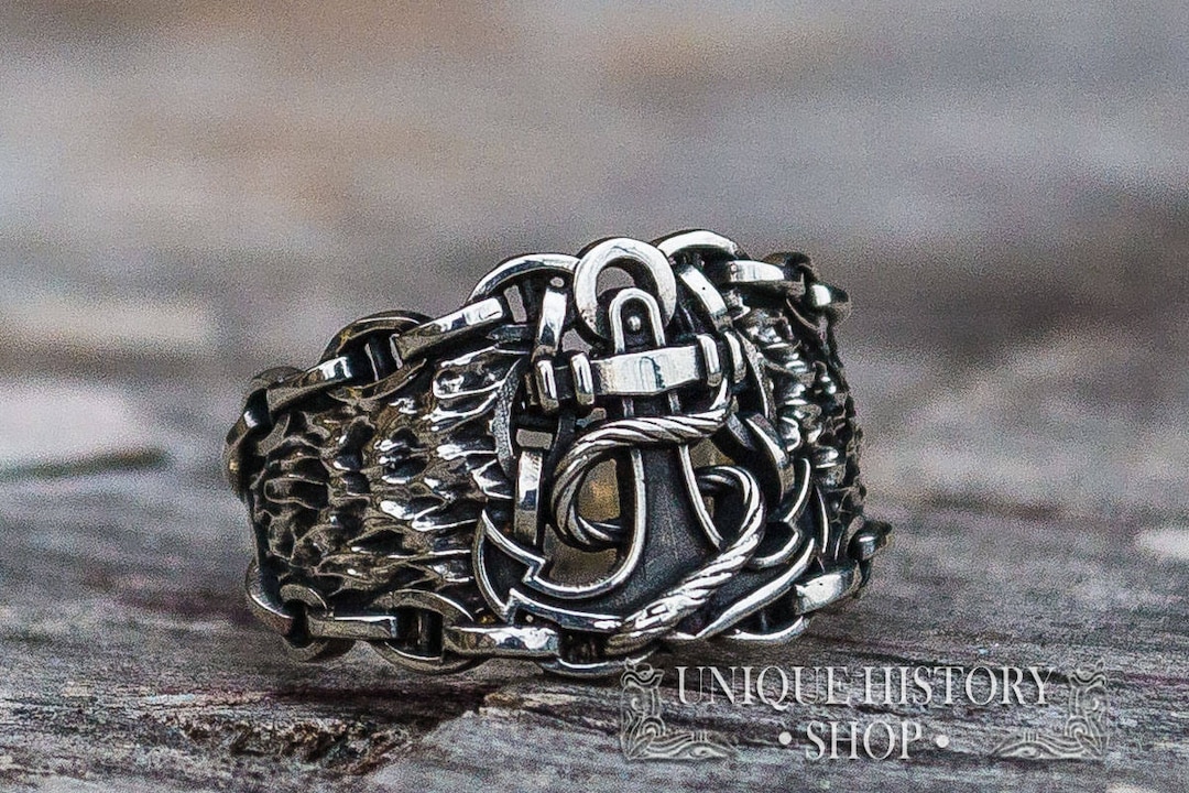 Nautical Silver Anchor Ring, Signet Chain Ring, Statement Sailor ...