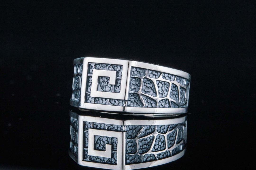 Greek Key Ring - Silver Boho Men's Pinky Ring With Meander Pattern ...