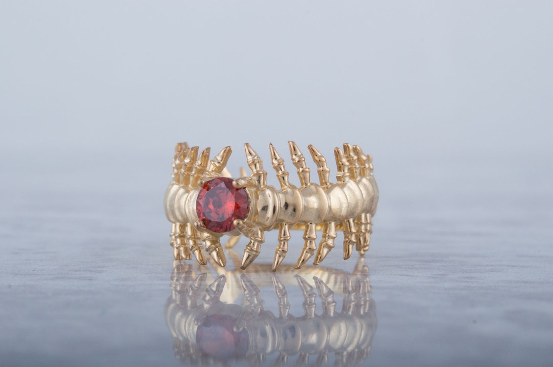 Realistic Bone Ring Gold Biker Rings With Spine and Red Gemstone ...