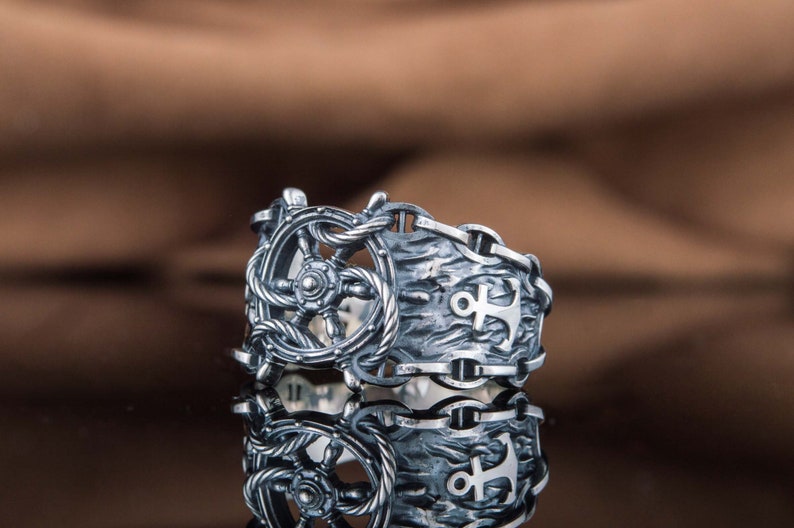 Sailor Ship Wheel Ring, Steering Wheel Ring, Ring With Chain, Anchor ...