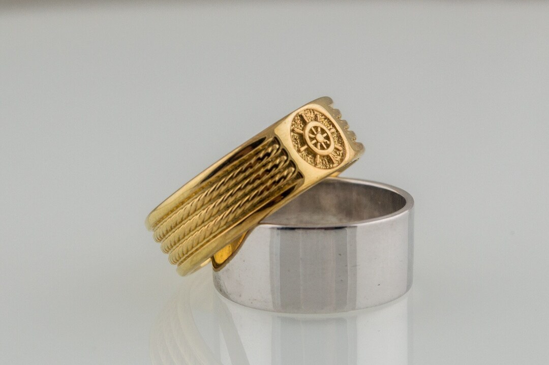 Ship Wheel Ring Gold Nautical Jewelry With Ropes Design Handcrafted ...