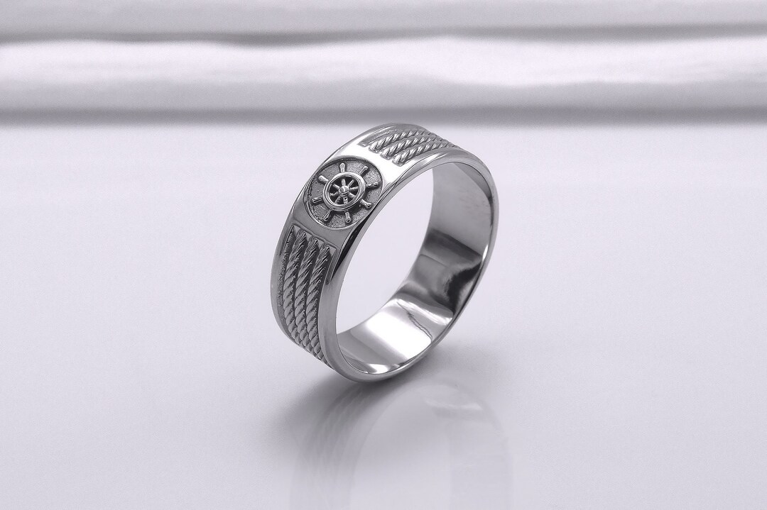 Platinum Seaman Ring Ship's Wheel Jewelry for Men With Ropes Design ...