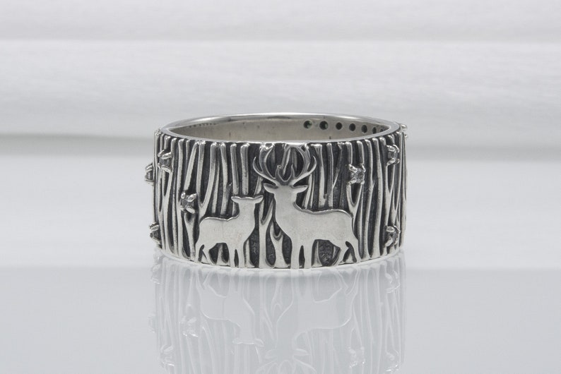 Silver Deer Ring - Wildlife Inspired Band With Tree Bark Texture Design ...
