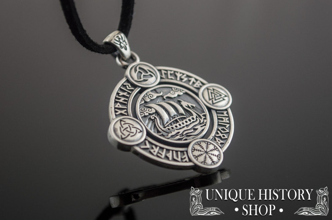 Silver Viking Ship Pendant, Elder Futhark Runes Amulet, Drakkar ...