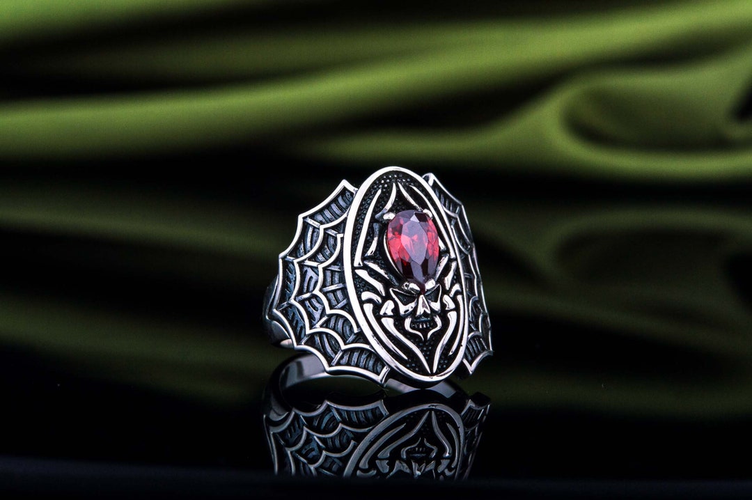 Spider Web Ring Black Widow Jewelry With Red Cubic Zirconia Handcrafted ...
