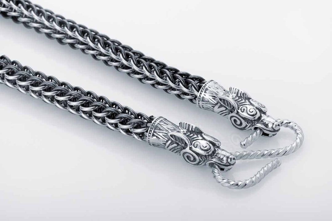 Silver Link Chain - Men's Norse Chain for Necklace With Wolf Heads ...