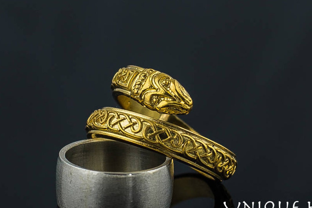 Gold Viking Snake Ring Handmade Jormungandr Jewelry Featuring Elder ...