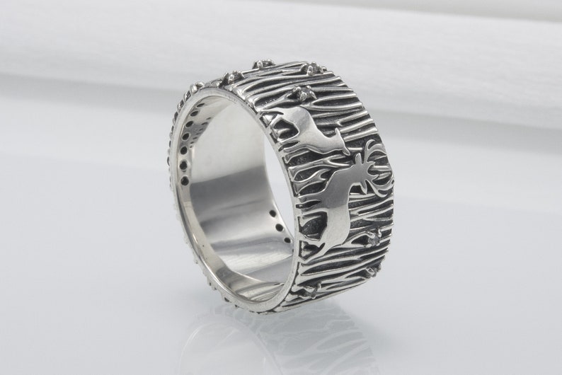 Silver Deer Ring - Wildlife Inspired Band With Tree Bark Texture Design ...