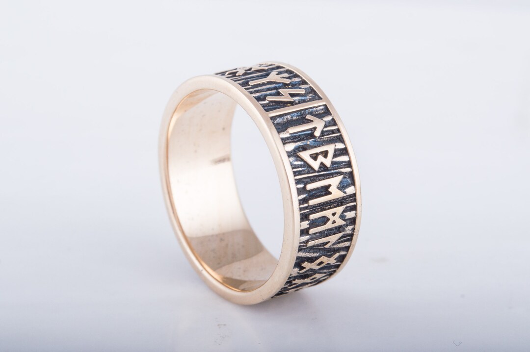 Elder Futhark Ring - Bronze Viking Rune Jewelry With Wood Texture ...