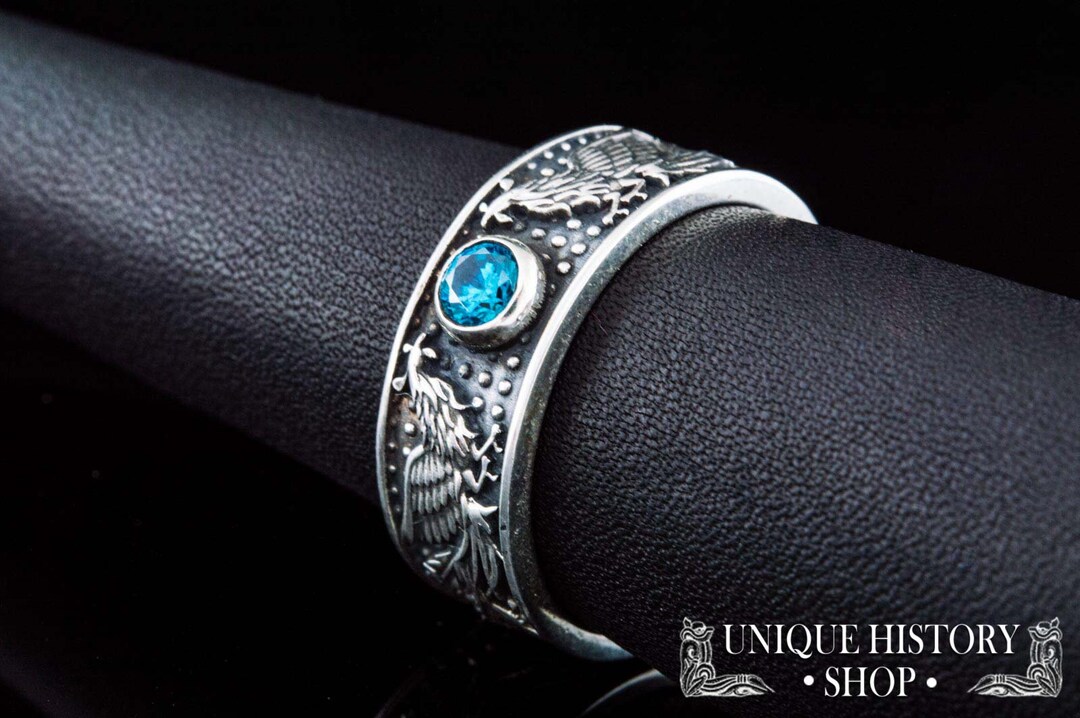 Silver Phoenix Ring - Handcrafted Mythical Avian Jewelry With Blue ...