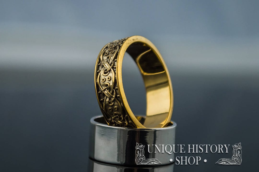 14K Gold Viking Ornament Ring With Scandinavian Ornament, Handmade ...